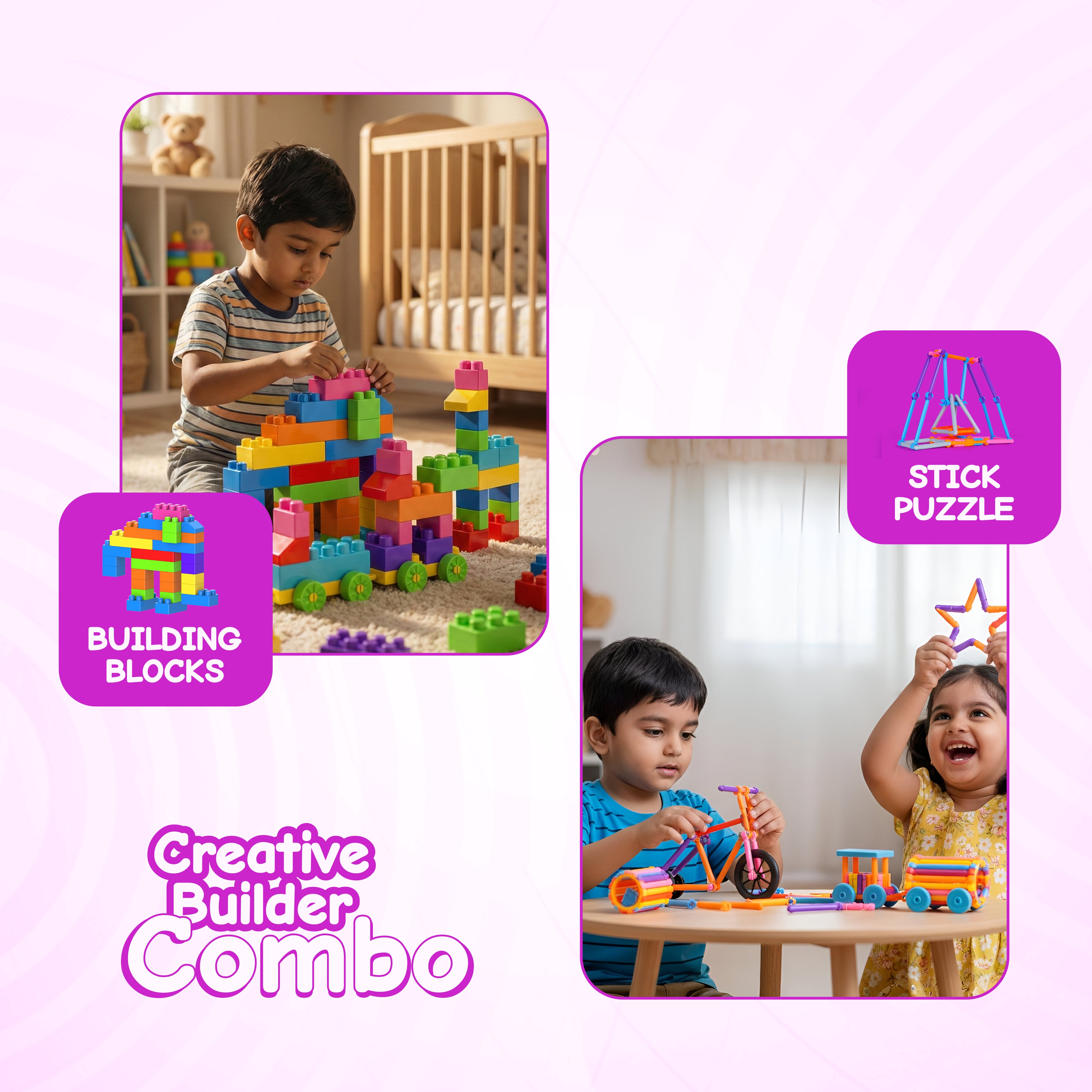 Skill Builder Set Building Blocks & Stick Puzzle Combo | FLYI